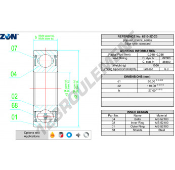 Deep groove ball bearing 6310-zz-c3-zen - 50x110x27 mm | 123bearing